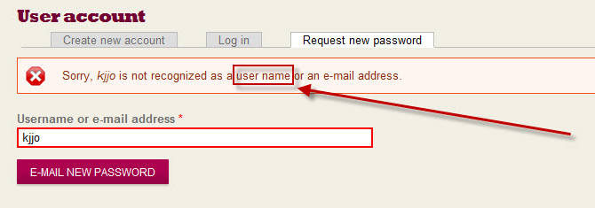 Inconsistency in wording in validation error when requesting new password ('Username' vs 'User ...